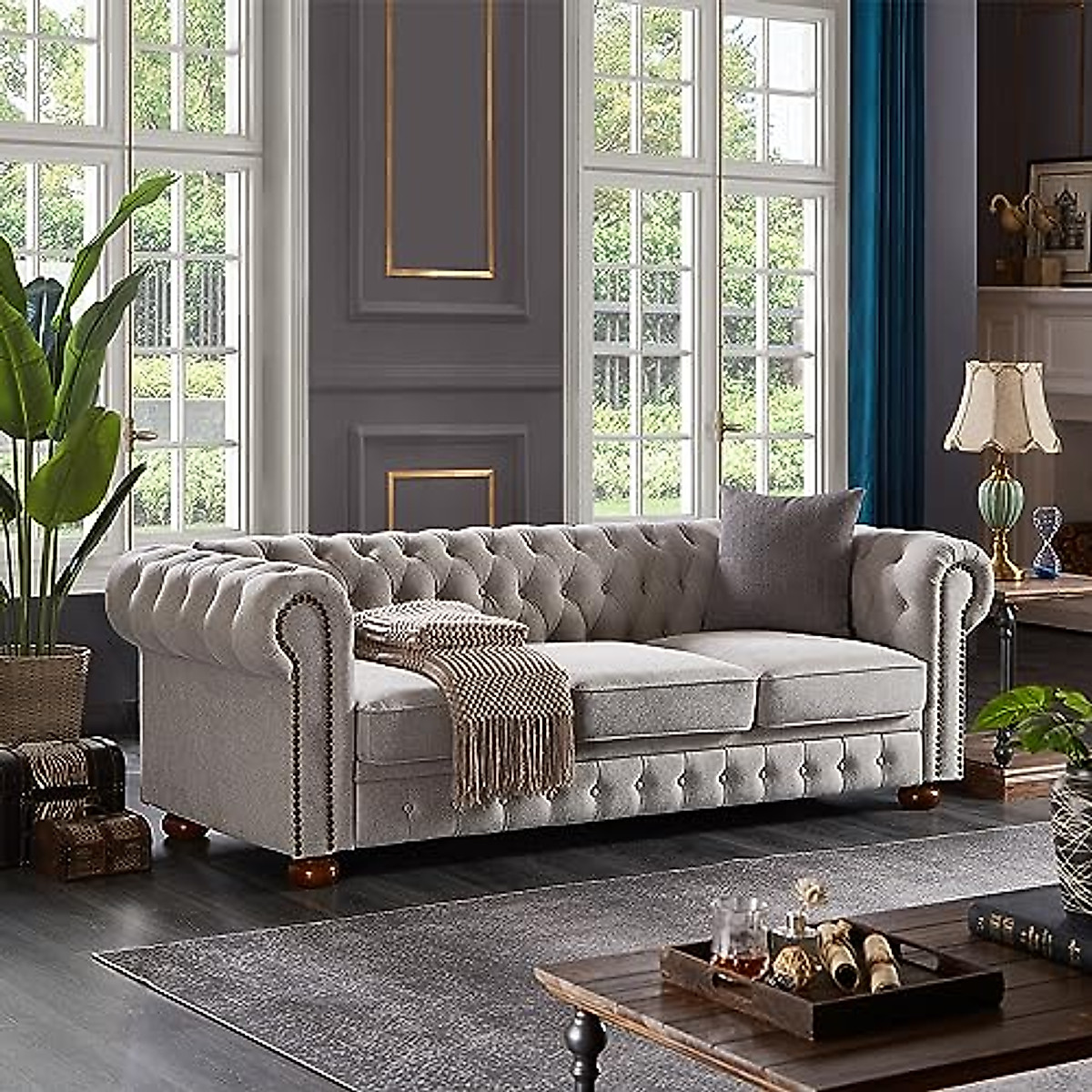 ERYE 88.5" 3-Seaters Chesterfield Sofa&Couch, Clasic Luxury Roller Armrest Special Wood Legs Sectional,Button Tufted Linen Upholstered Modular Sofa Couch with Removable Cushions & Nailhead Decor