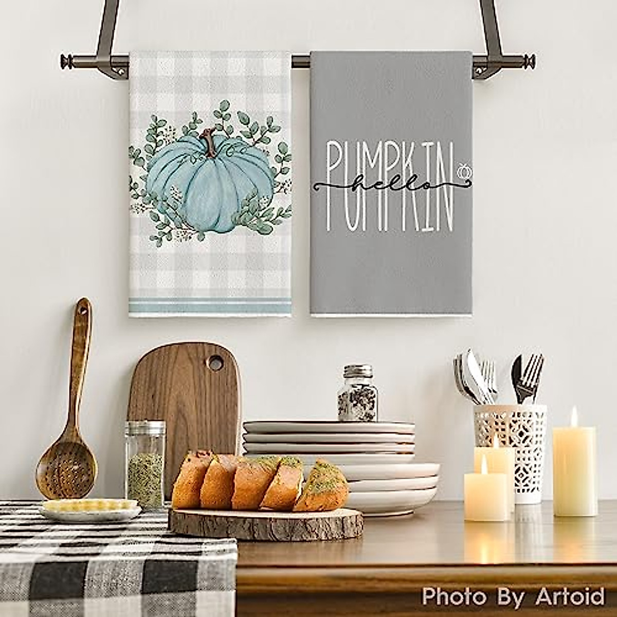 Artoid Mode Blue Eucalyptus Leaves Hello Pumpkin Fall Kitchen Towels Dish Towels, 18x26 Inch Seasonal Give Thanks Decoration Hand Towels Set of 4