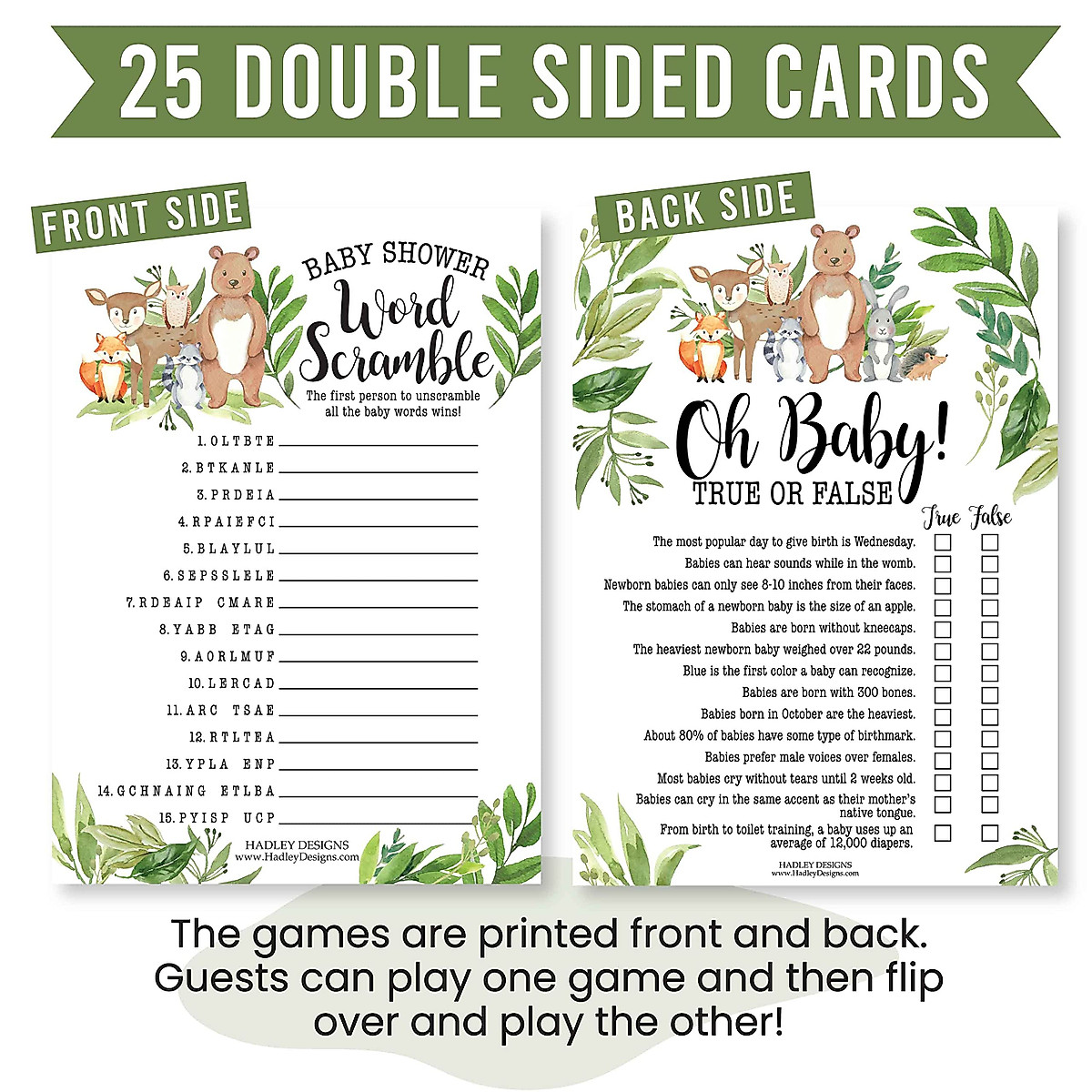 Hadley Designs Woodland Baby Shower Games Gender Neutral - 2 Games Double Sided, 25 Word Scramble For Baby Shower Ideas, 25 True Or False Baby Shower Game, Gender Reveal Games For Guests