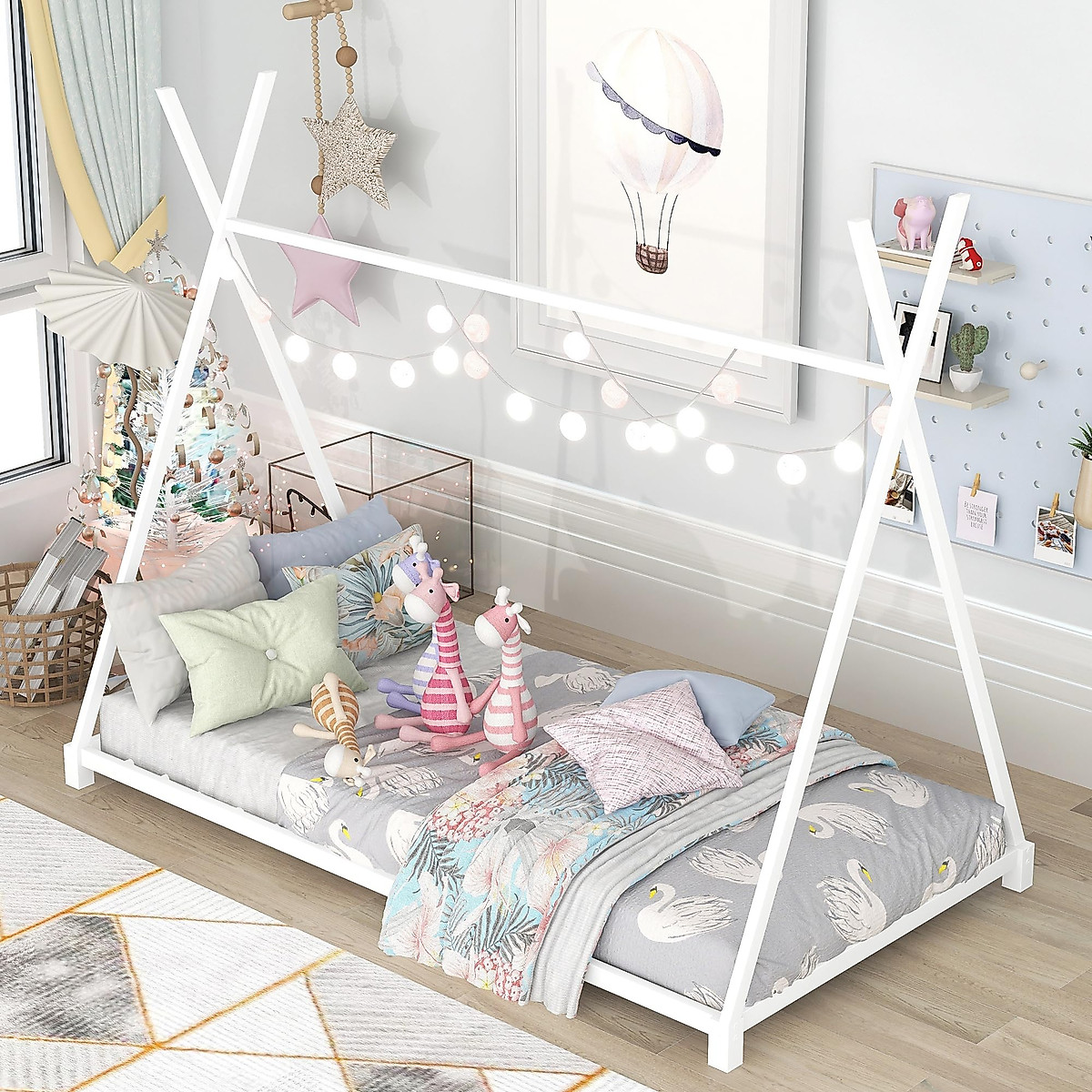 Montessori Floor Bed Frame Twin Size, Twin Floor Bed with Slats and Triangle Structure, Kids House Floor Bed/Montessori Bed for Kids, Girls, Boys, Twin Floor Bed White