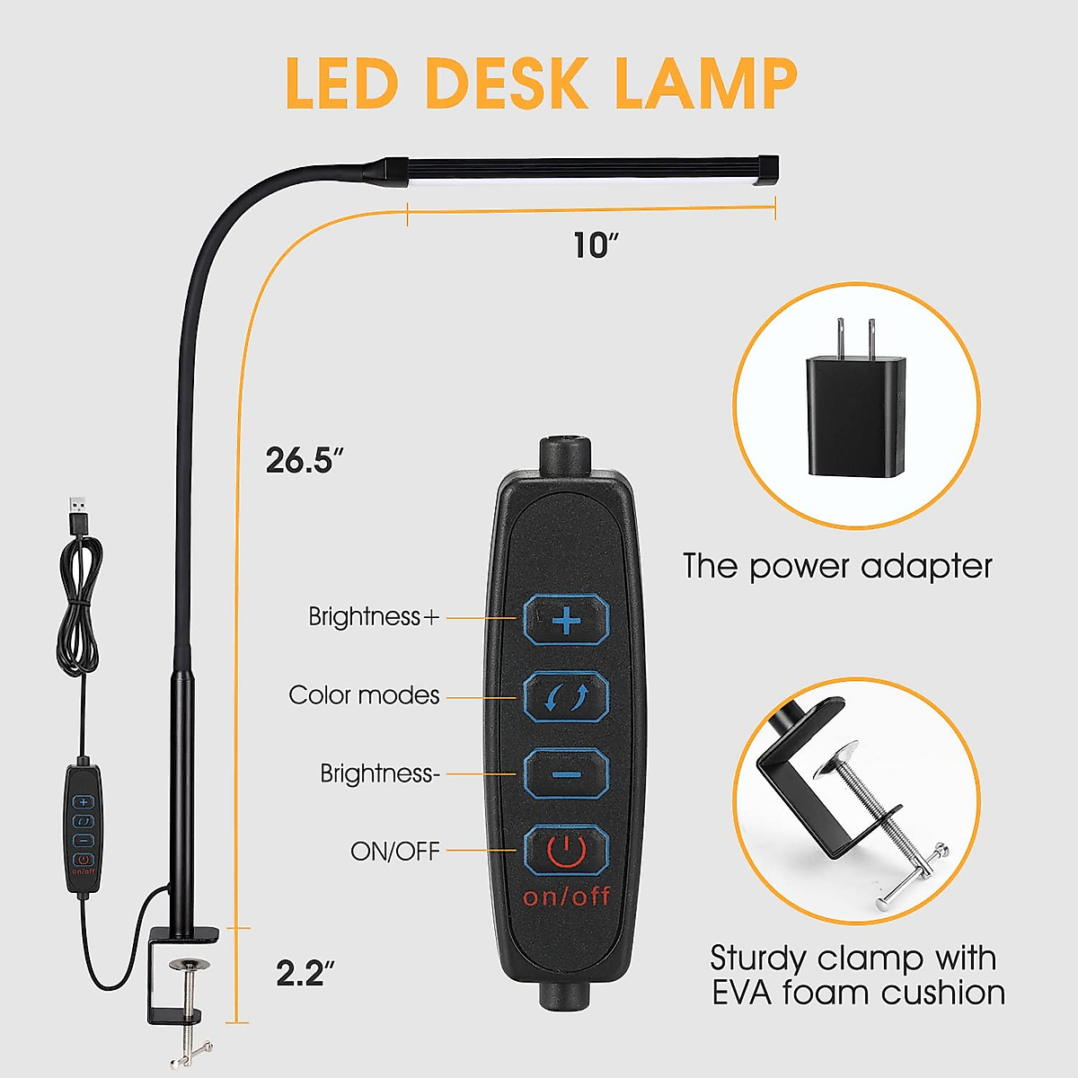 LIBORA LED Desk Lamp with Clamp, Dimmable Clip Light for Home Office, 3 Modes 10 Brightness, Long Flexible Gooseneck, Eye-Caring, Architect Table Task Lamps with USB Adapter, Black