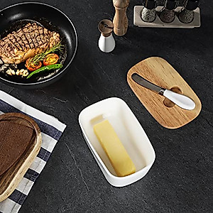 Large Ceramic Butter Dish for Countertop - Butter Keeper with High-Quality Silicone Sealing, Natural Wooden Lid and Stainless Steel Knife, Kitchen Decor and Accessories for Kitchen Gifts (White)