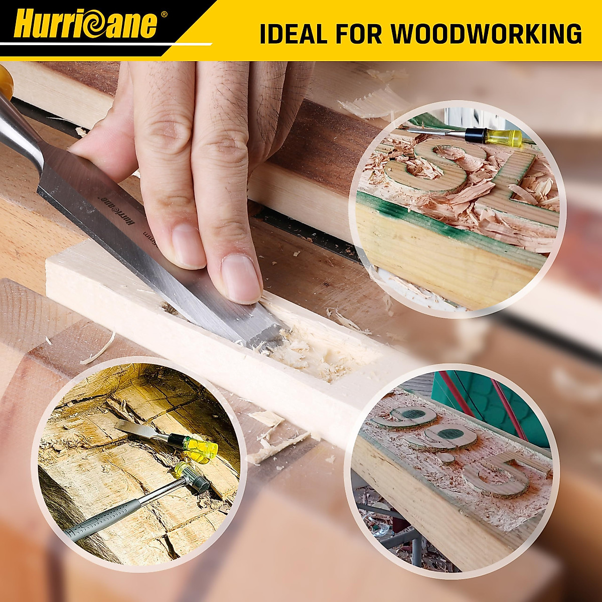 Hurricane 4 Piece Wood Chisel Set for Woodworking, CR-V Steel Beveled Edge Blade, Durable PVC High Impact Handle Wood Chisel