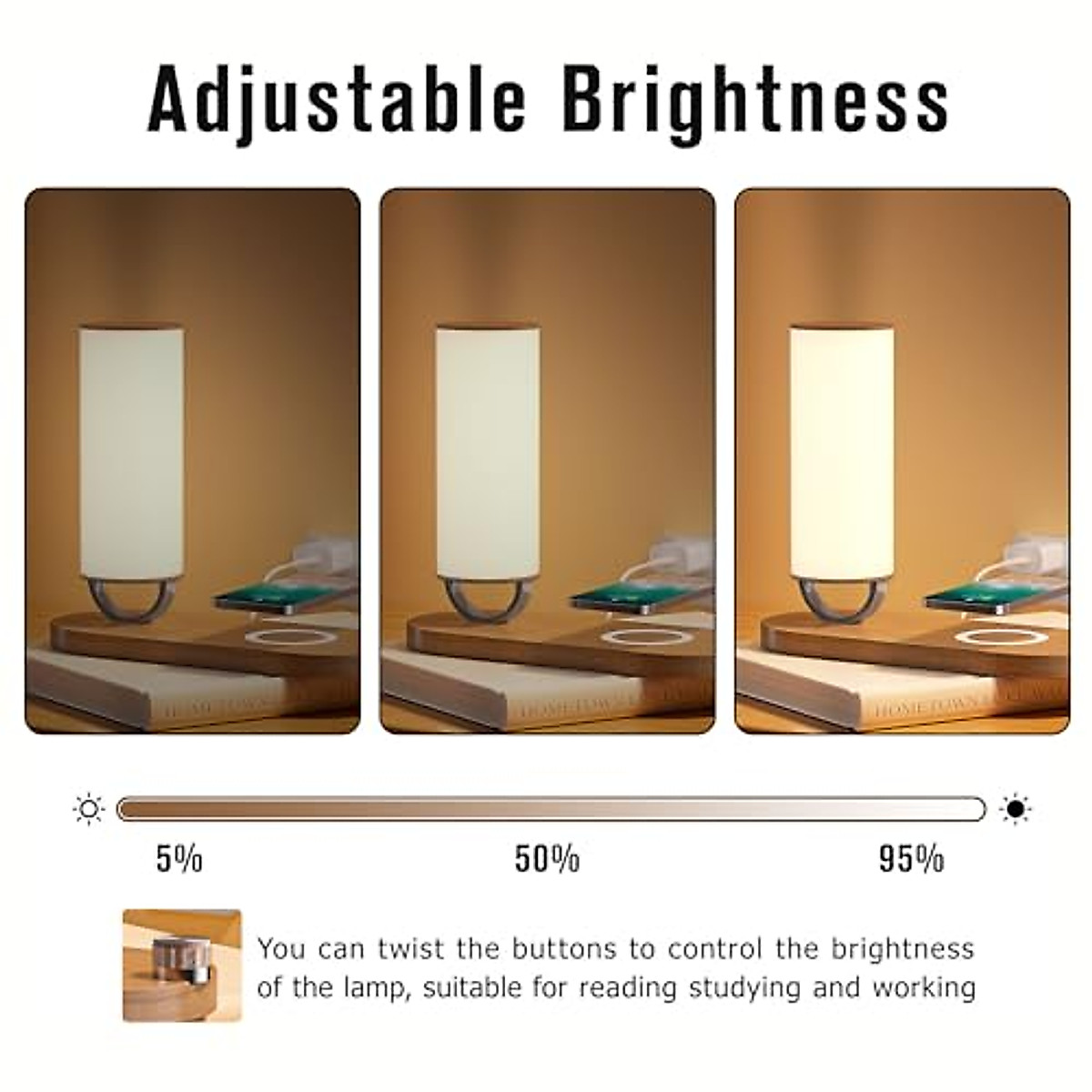 FLYSOFT Small Table Lamp Bedside Lamps for Nightstand Lamp with Wireless Charging, Small Table Lamps for Bedroom and Living Room, Wireless Charging Station Dimmable Lamp