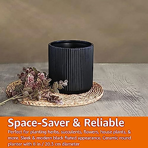 Amazon Basics Fluted Round Ceramic Planter, 8-Inch, Black