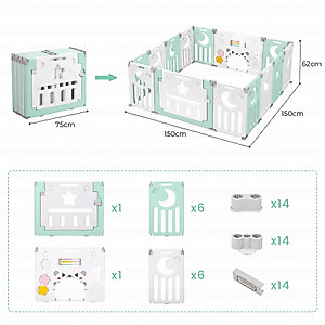 Baby Playpen, Dripex Foldable Playpen for Babies and Toddlers, Custom Shape Baby Fence, Safety Play Yard with Gate, Portable Play Area for Indoor or Outdoor, Light Green White, 14 Panel