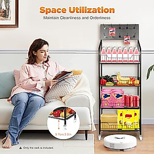 4-Tier Display Snack Rack,22.1lbs Load Metal Storage Shelf with Wheels & Hooks,10.2In Adjustable Tier Spacing Freestanding Snack Shelf Organizer for Pantry Kitchen Home Theater