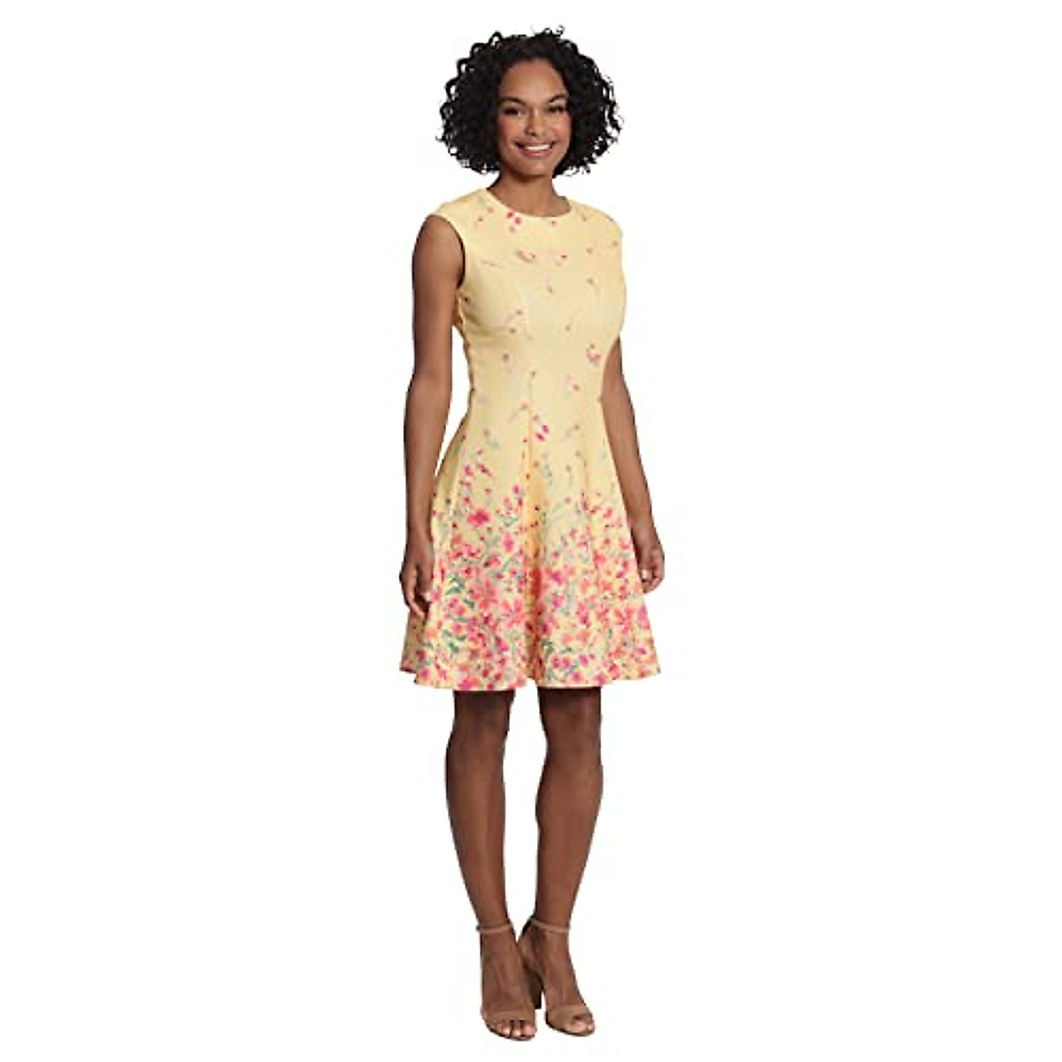 London Times Women's Floral Border Cap Sleeve Fit & Flare Dress, Yellow/Spiced Coral, 4