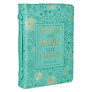 Christian Art Gifts Women's Fashion Bible Cover Be Still and Know Psalm 46:10, Turquoise/Gold Floral Faux Leather, Medium