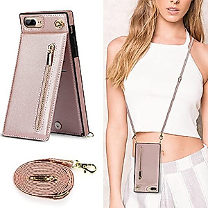 Jaorty Crossbody Phone Case for iPhone 8 Plus/7 Plus Case with Card Holder for Women,iPhone 7 Plus Case Wallet with Strap Lanyard for Men,PU Leather Magnetic Clasp with Kickstand 5.5", Rosegold