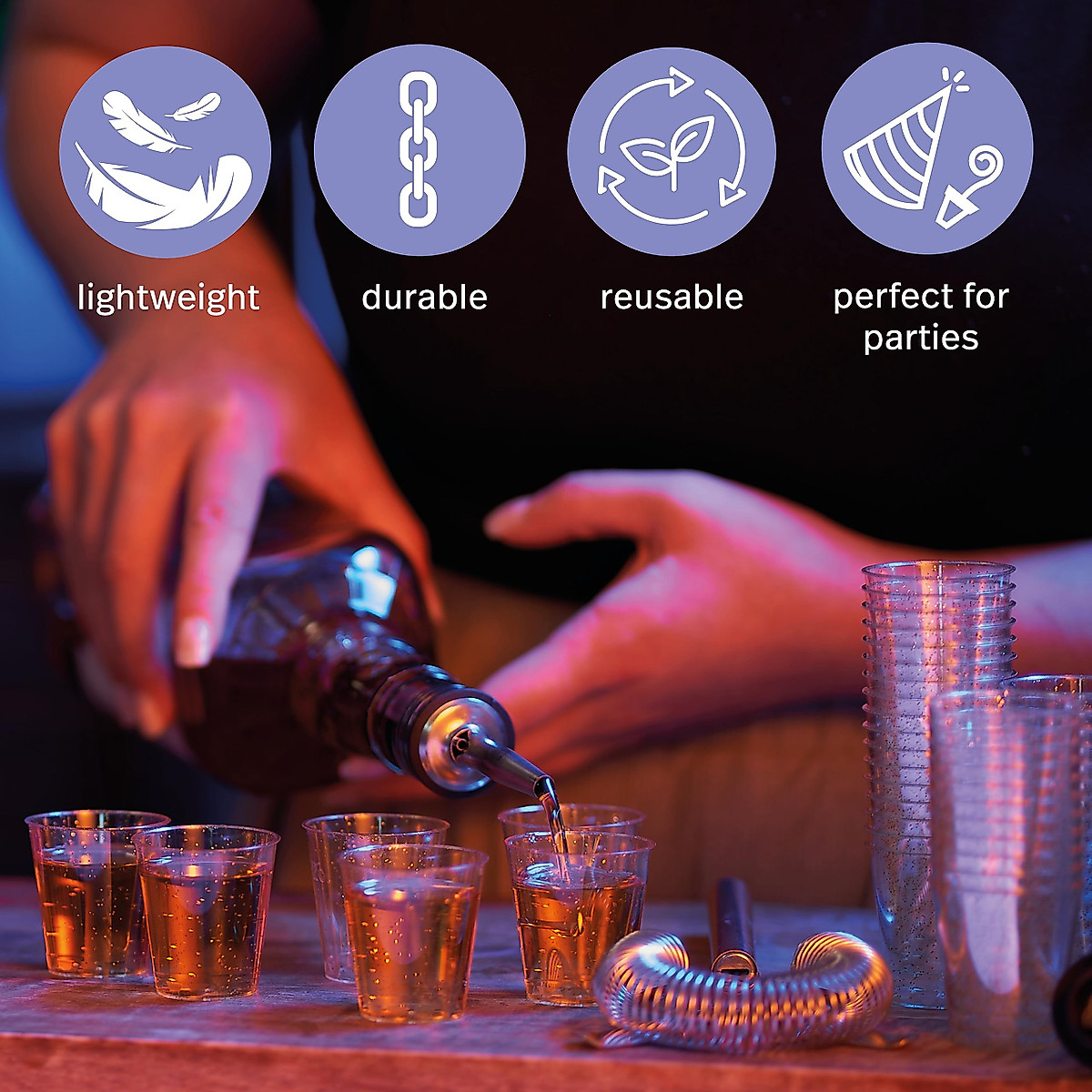 MATANA 150 Glitter Gold Plastic Shot Glasses 1oz - Clear Plastic Shot Cups for Party, Gold Shot Glasses, Wine Tasting Cups, Food Sample Cups, Perfect For Wedding, Birthday, Christmas Party & Events