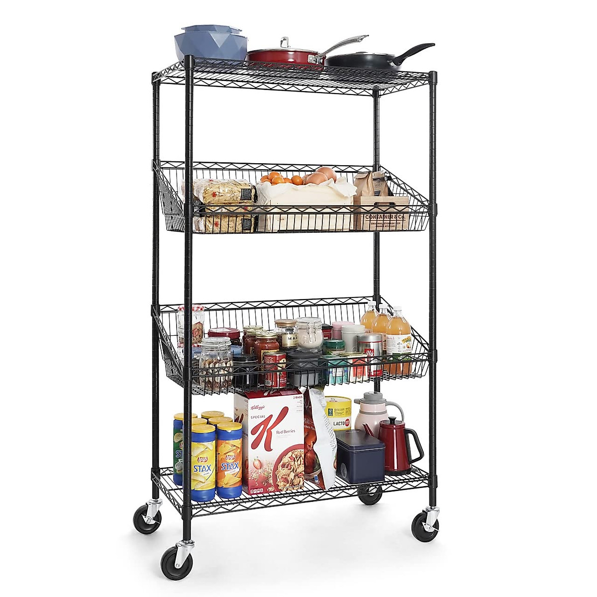 CAPHAUS NSF Commercial Heavy Duty 4 Tier Wire Shelving w/Two Trapezoid Baskets, Wheels, Leveling Feet, Storage Metal Shelf, Basement Garage Shelving Storage, Utility Wire Rack Storage Shelving Black