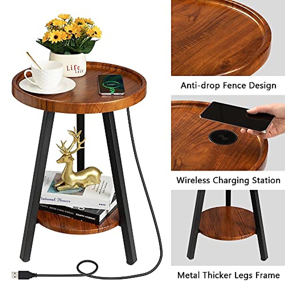 Hadulcet Small End Table with Charging Station, Small Side Table for Small Spaces, Small Nightstand Bedside Table, Small Round Side Tables Bedroom, Small Round End Tables Living Room, Small Table