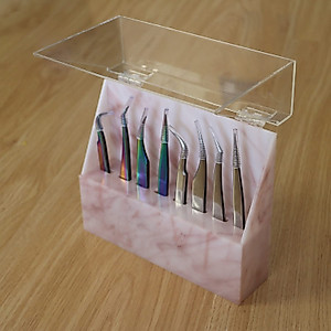 Dust-proof Eyelash Tweezers Holder with Cover, Acrylic MarbleTweezer Organizer for Lash Cart (Pink)