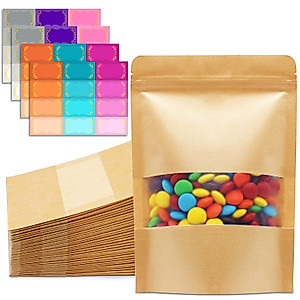 Kraft Bags With Window, 100 pcs 5.5" x 7.8", Stand Up Pouches, Sealable Bags for Packaging, Zip Lock Bags With Stickers and Spoon, For Cookie Bags/Candy Bags/Coffee Bags/Food Storage Bags (Brown)