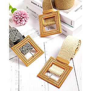 3 Pieces Straw Woven Belt Elastic Stretch Belt Boho Waist Belt Skinny Dress Braided Belt Wooden Buckle for Women