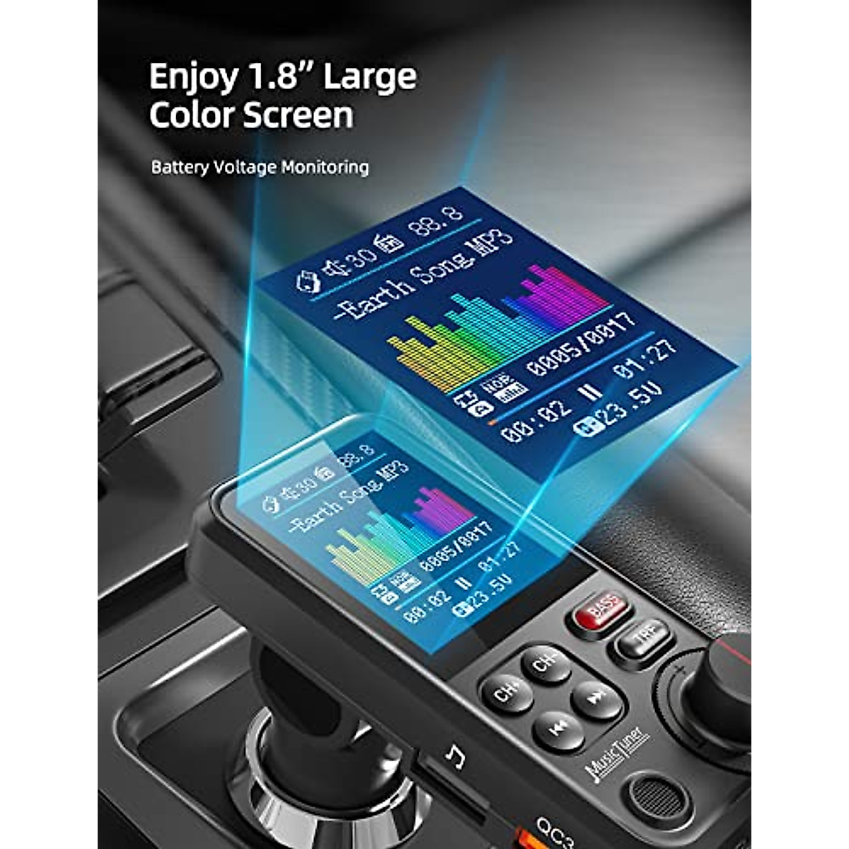Nulaxy FM Bluetooth Transmitter for car, Strong Microphone Bluetooth Car Adapter with 1.8" Color Screen for Hands Free Calls, Supports QC3.0 Charging, Treble and Bass Sound Music Player- KM30