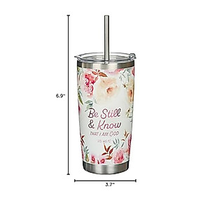 Christian Art Gifts Reusable Stainless Steel Scripture Travel Mug Tumbler w/Straw for Women: Be Still & Know, Double Wall Vacuum Insulated, Pop-up Lid, Hot/Cold, White & Peach Multicolor Floral, 18 oz