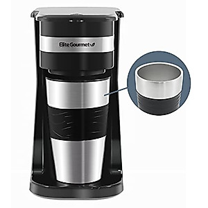 Elite Gourmet EHC111A Personal Single-Serve Compact Coffee Maker Brewer Includes 14Oz. Stainless Steel Interior Thermal Travel Mug, Compatible with Coffee Grounds, Reusable Filter, Black
