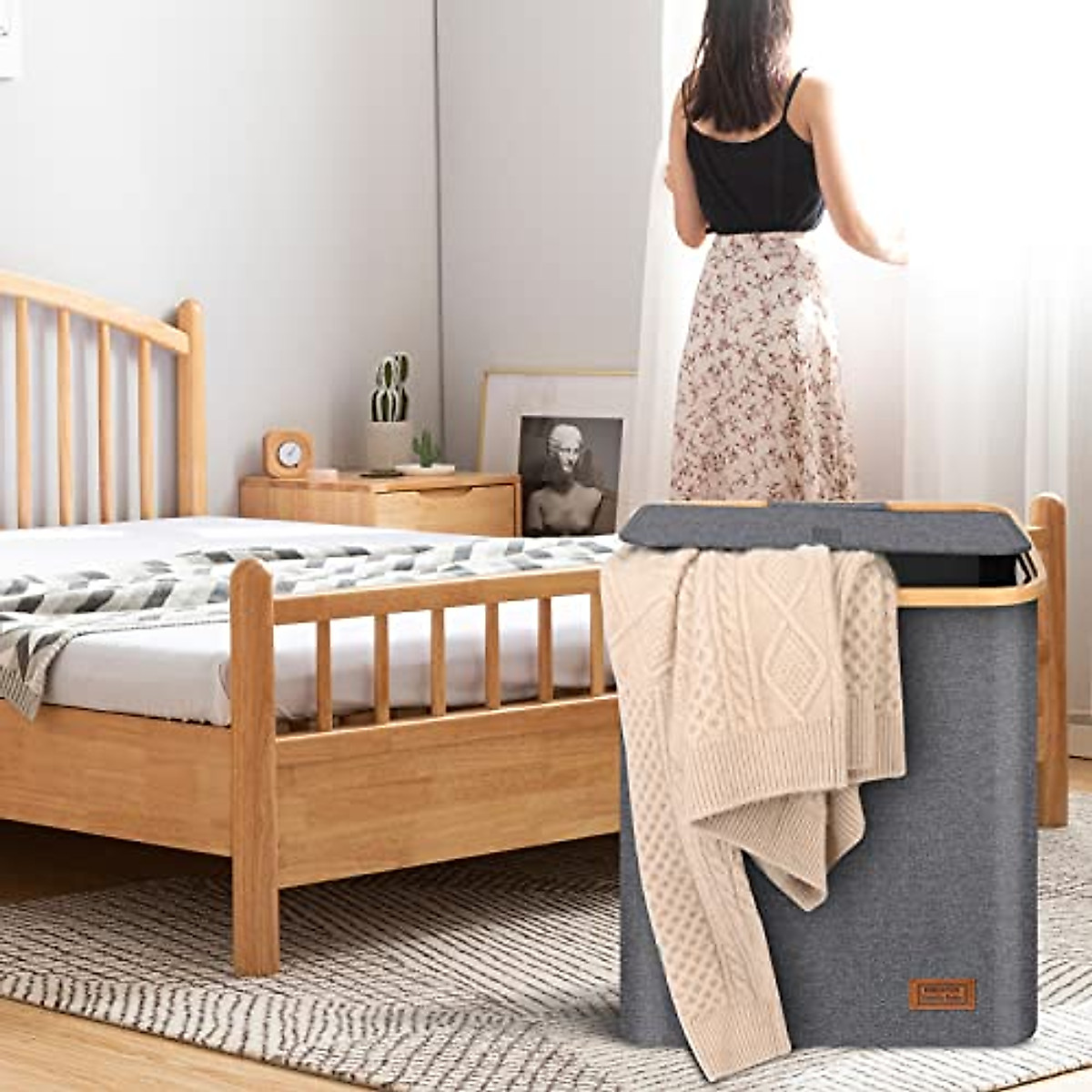 KMIGRUAN 85L Laundry Hamper with Lid, Bamboo Laundry Hamper with Handle, Grey Clothes Hamper for Bedroom, Bathroom and Closet Storage of Clothes and Towels