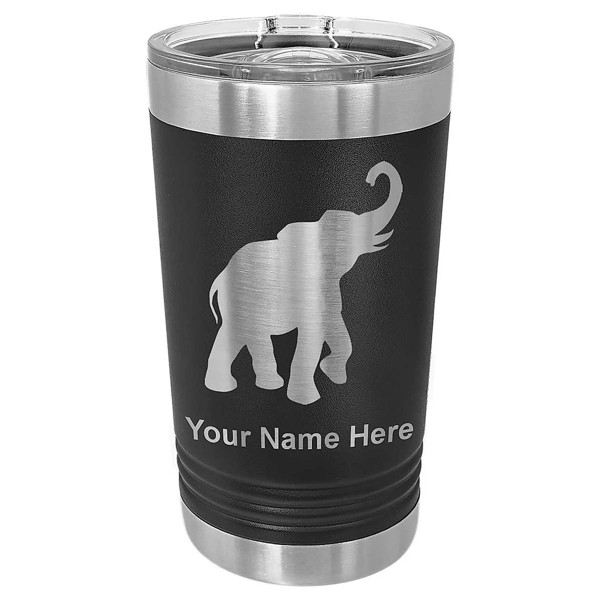LaserGram 16oz Vacuum Insulated Pint Tumbler, Indian Elephant, Personalized Engraving Included (Black)