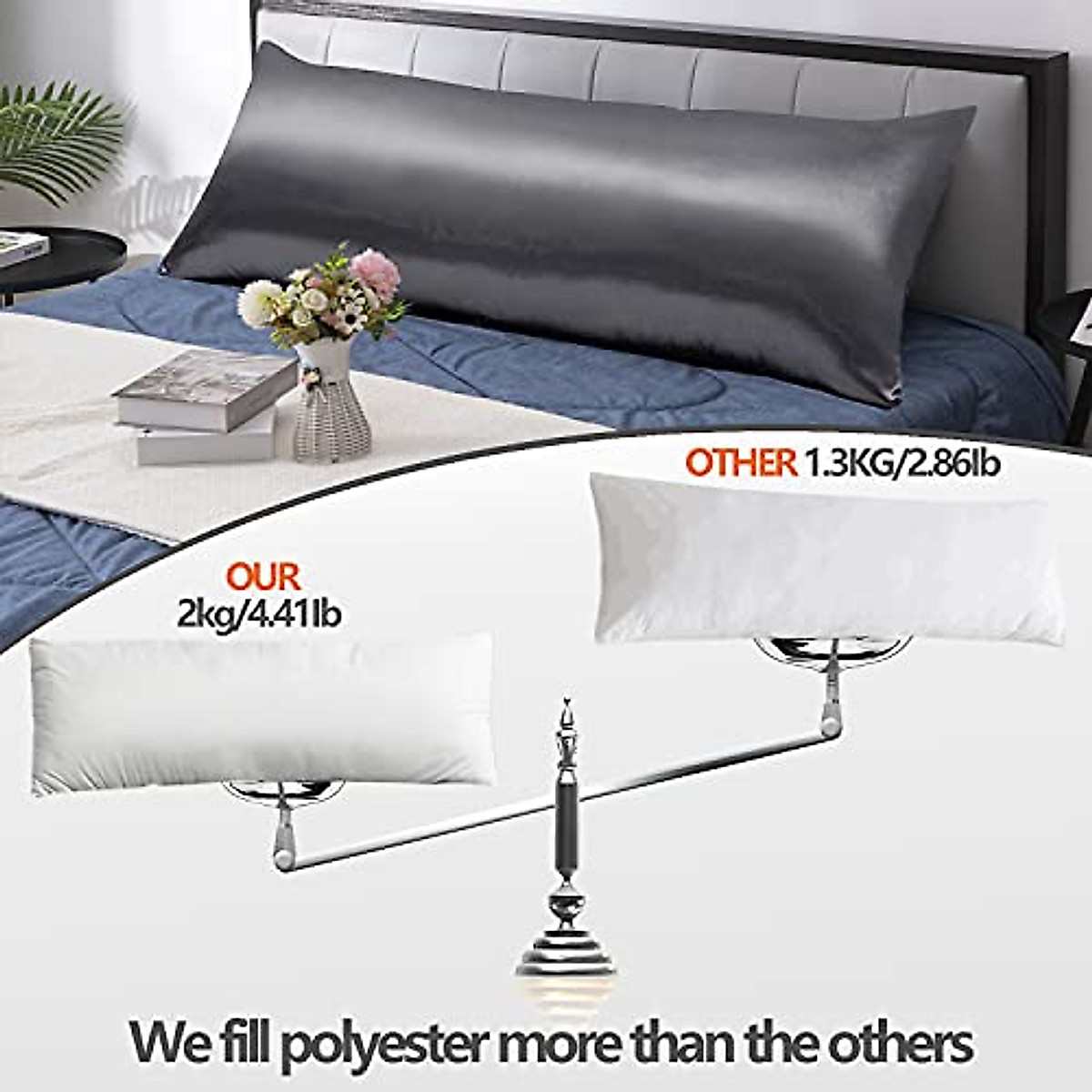 Lamberia Full Body Pillow Insert for Adults with Silky Satin Pillow Cover for Hair and Skin. Breathable Pillow for Sleeping in Various Positions, 20"x54" Dark Gray