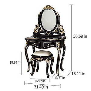 Dressing Table with Stool Mirror with 2 Drawers (Black)