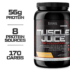 Ultimate Nutrition Muscle Juice Revolution 2600 Weight Gainer, Intestinal Health, Muscle Recovery with Glutamine, Micellar Casein and Time Release Complex Carbohydrates, Banana Protein Powder, 4.69 Pounds