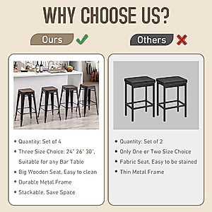 Alunaune 24" Metal Bar Stools Set of 4 Stackable Counter Height Barstools Backless Industrial Kitchen Bar Chairs with Wooden Seat-Matte Black