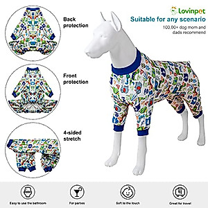 LovinPet Extra Large Dog Clothes - Large Dog Pjs, Lightweight Stretchy Fabric,White Dinosaur Allover Print, Dog Jumpsuit, Pet Anxiety Relief Shirt, Easy to Wear Dog Costume, Party Shirt,Blue Grey 3XL