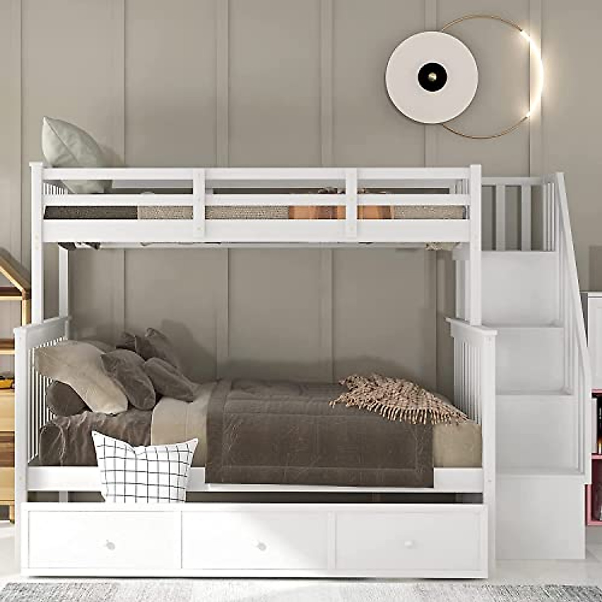 Harper & Bright Designs bunk Bed Twin Over Full Size with Drawers,Storage Shelf and Stairway Wood Bunk Beds for Kids and Teenagers,Kids Bed with Full-Length Guard Rail,No Box Spring Needed, White