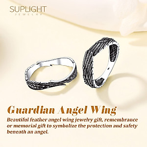 Suplight 925 Sterling Silver Angel Wings Band Rings, 5.5mm Retro Guardian Feather Angel Rings for Women Men Size 13