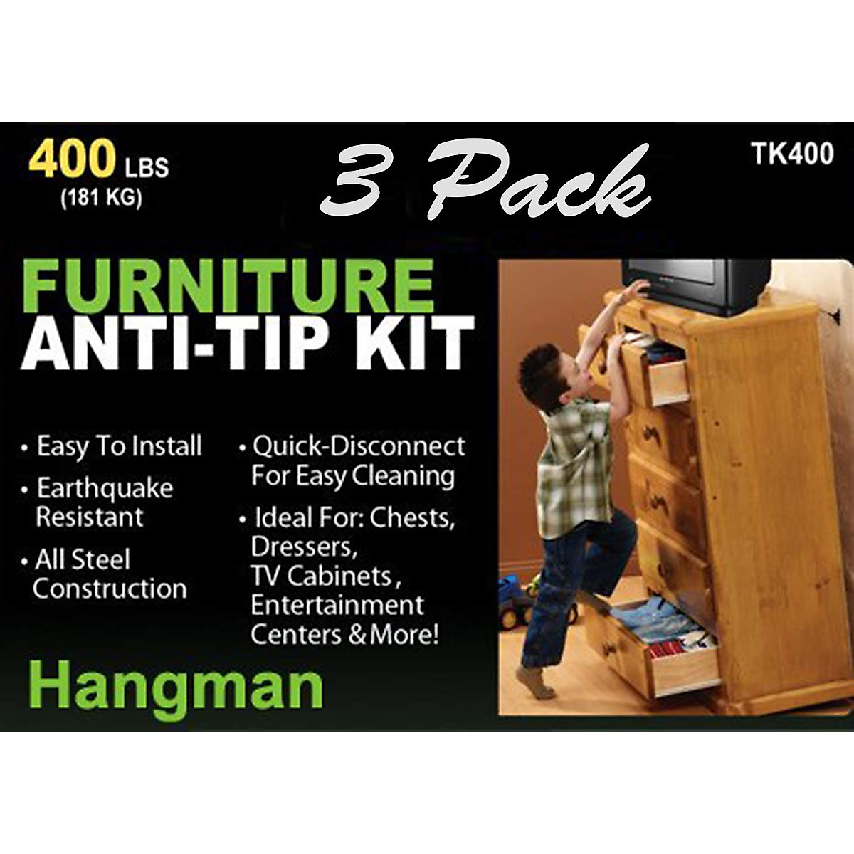 Hangman Anti-Tip Kit to Prevent Furniture Falling-Steel (TK-400-3)