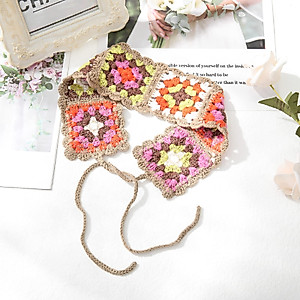 CHLINS Hairband, 3PCS Crochet Headband Women Floral Hairband - Elastic Handmade Crochet Head Wrap Bohemian knit Headband for Women and Girls (Square, Black + Beige + Khaki)