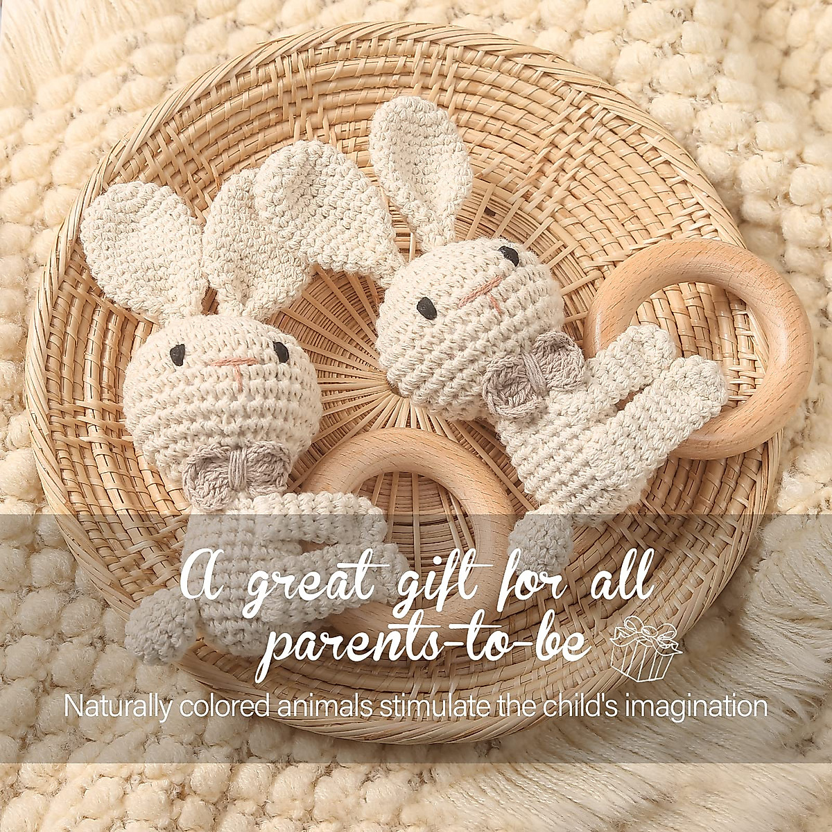 WOODEN TEETHER Crochet Baby Rattle, Crochet Baby Toys, Organic Wooden Newborn Toys, Newborn Animal Rattle Toys，Knitted Stuffed Animals Gifts for Baby, Orange Fox