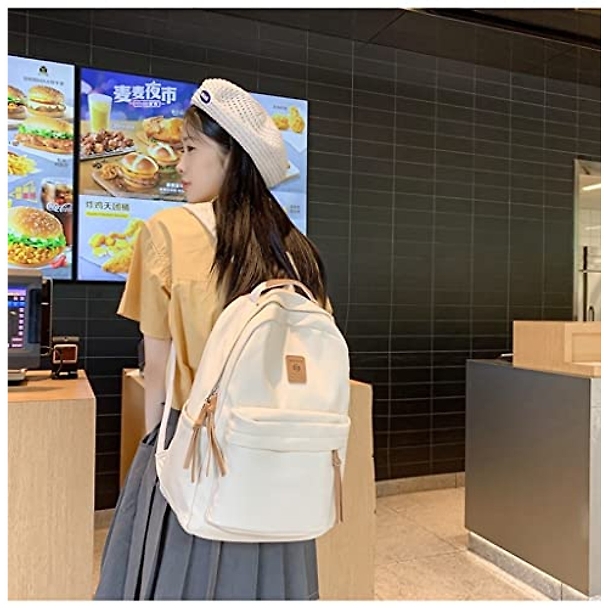 Minimalist Aesthetic Backpack Solid Preppy Backpack Light Academia Aesthetic Backpack Back to School Backpack Supplies (White)