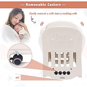 BABY JOY 3 in 1 Convertible Crib with Mattress Included, Rocking Bassinet Baby Bed with Detachable & Lockable Wheels for Easy Movement, Converts to Baby Playard, Toddler Bed (3-in-1)