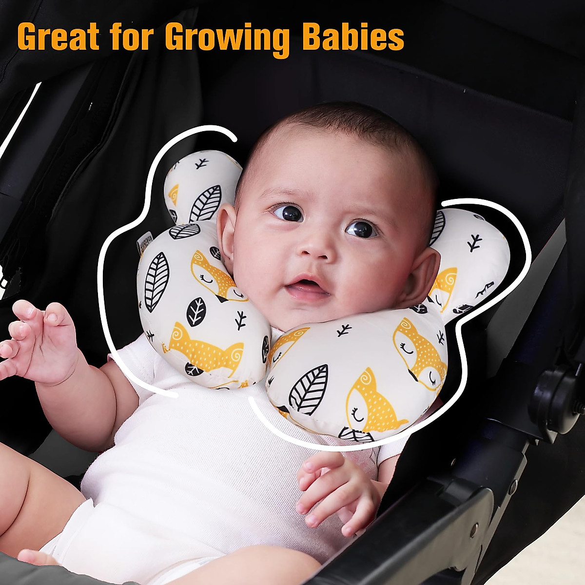 KAKIBLIN Baby Neck Pillow, Upgraded Baby Support Pillow for Head and Neck, Baby Head Pillow Baby Neck Pillow for Car Seat,Pushchair,Travel(Yellow Fox)