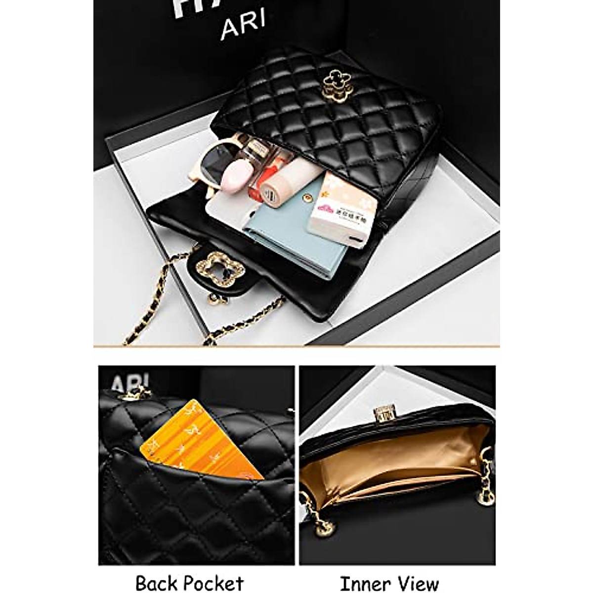 YXBQueen Fashion Bags for Women Black Leather Crossbody Bags Quilted Purse Shoulder Bag