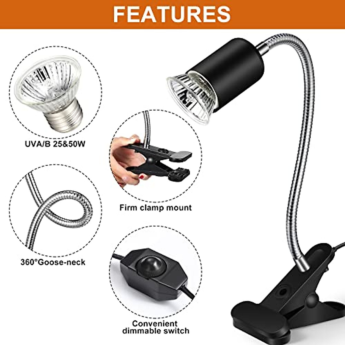 3 Set Reptile Heat Lamp Turtle Lamp Holder Fixture Clamp Basking Spot Lamp Adjustable 50W UVA UVB Full Spectrum Sun Lamp Sunbathe Heat Bulb for Turtle Snake Aquarium Chameleon Amphibian, Black