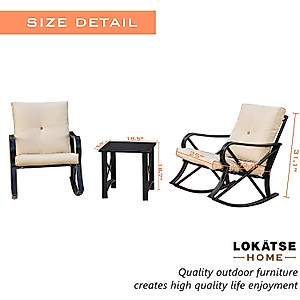 LOKATSE HOME 3-Piece Outdoor Patio Rocking Steel Furniture Bistro Set with 2 Rocker and 1 Metal Square Coffee Table(Khaki Thickened Cushion)