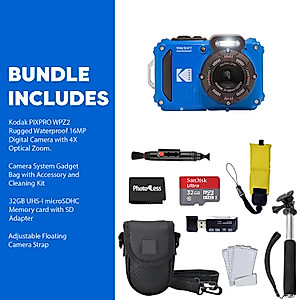Kodak PIXPRO WPZ2 Rugged Waterproof Shockproof Digital Camera 16MP 4X Optical Zoom 1080P Full HD Video, 2.7" LCD (Blue), 32GB SD Card, Black Compact Camera Case, Floating Strap, Bundle (7 Items)