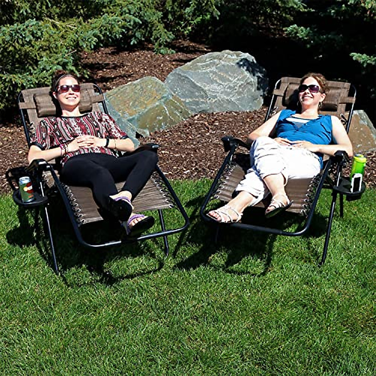 Sunnydaze Outdoor XL Zero Gravity Chair 2 Pack with Pillow and Cup Holder Folding Patio Lawn Recliner Dark Brown Set of 2