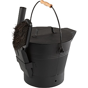 Pure Garden Ash Bucket with Lid, Broom, and Shovel, Black