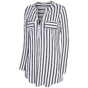 Bulotus 3/4 Sleeve Shirts for Women Plus Size, Ladies Tops and Blouses Casual Summer Fall V Neck Long Tunics to Wear with Leggings Business Casual, Stripe, X-Large