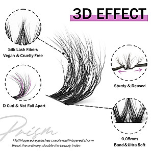 Mayhug Lash Clusters DIY Eyelash Extensions 144 Clusters Lashes D Curl 3D Eyelash Clusters Extensions Fluffy Wispy Lashes Cluster Fluffy Effect & Ultra-Soft & Super Light & DIY at Home (Prism)