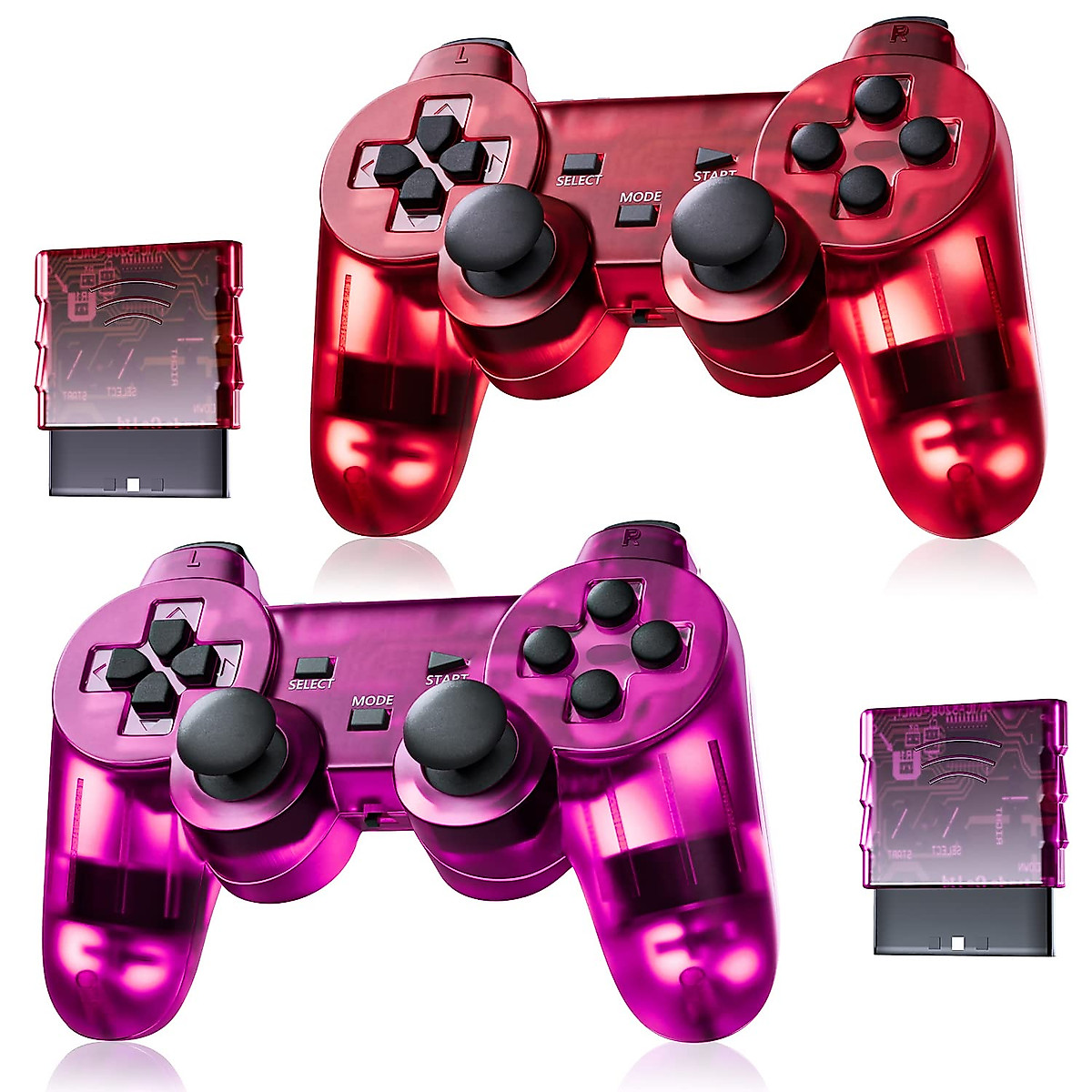 Burcica Wireless Controller for PS2 Play 2 Dual Vibration - ClearRed and ClearPurple
