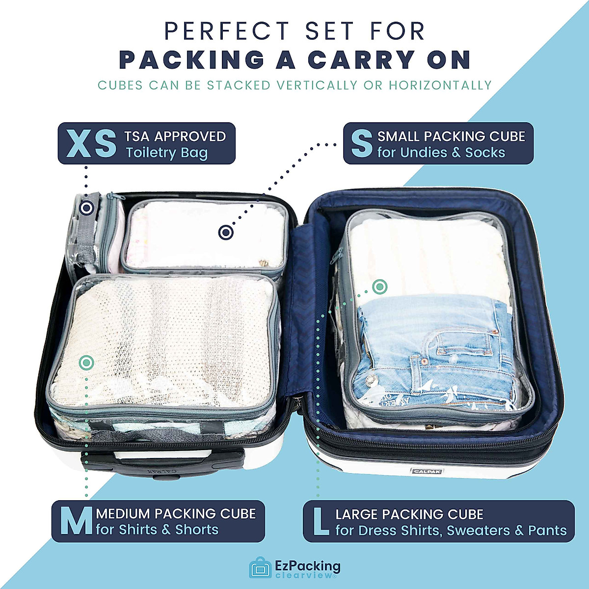 Clear Travel Packing Cubes Set of 4 for Carry On (XS, Small, Medium, Large) / See-Through Clothes Organizer Dividers for Suitcase/Transparent Vinyl PVC Cell Pouches for Luggage (Lilac)