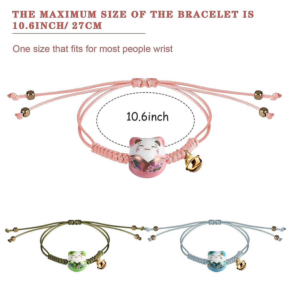 3 Pieces Cat Maneki Neko Bracelet Cute Lucky Cat Ceramic Beads Bracelet Lucky Japanese Fortune String Hand Chain with Bell, Adjustable(Green, Blue, Pink)