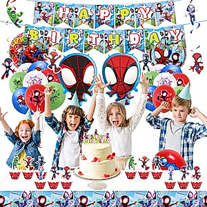 Spidey and His Amazing Friends Birthday Decorations, Spidey and Friends Party Supplies Include Banner, Foil Balloons, Cake Toppers, Tablecloth for Spidey Theme Party